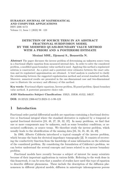 Pdf Detection Of Source Term In An Abstract Fractional Subdivision Model By The Modified Quasi
