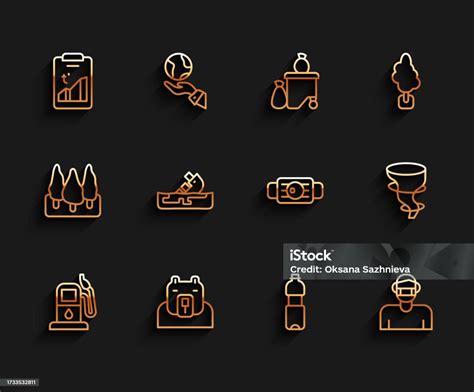 세트 라인 휘발유 또는 주유소 북극곰 머리 지구 온난화 물병 얼굴 보호 마스크 난파된 유조선선 토네이도 및 의료 아이콘 벡터 가루로 빻은에 대한 스톡 벡터 아트 및 기타