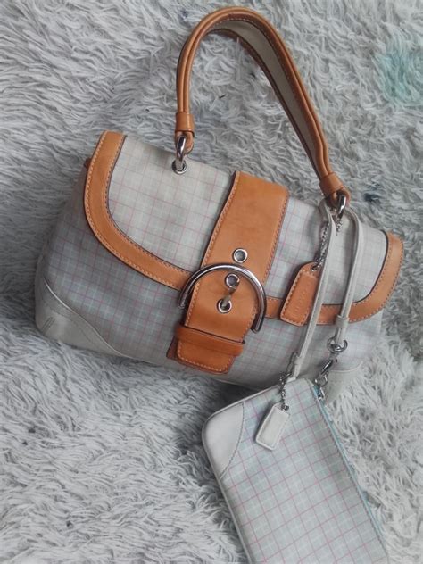 Coach Canvas Checker Design With Butterscotch Trim And Silver Tone Hard
