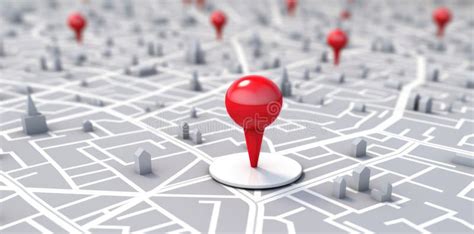 red geolocation marker on the map in 3d style navigation system stock