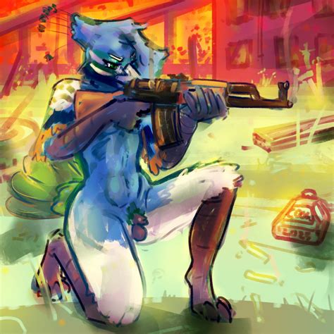 Rule 34 Aiming Weapon Ak 47 Ak Platform Anthro Assault Rifle Avian Bird Blue Body Galliform