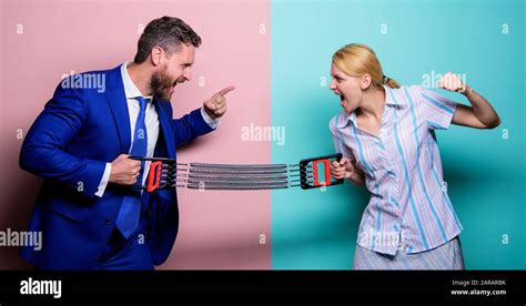Business Couple Spring Expander Property Division Man Against Woman Battle Between Male And