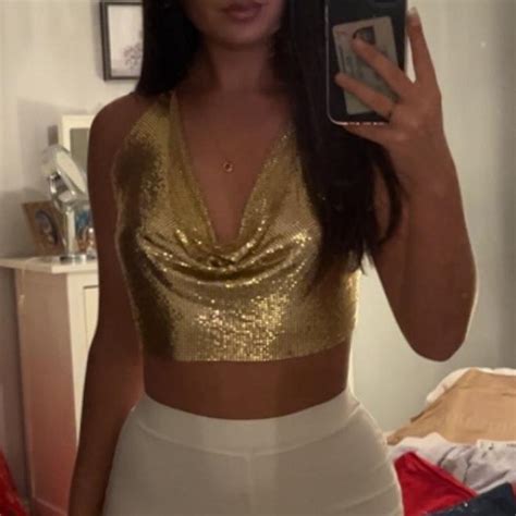 Stradivarius Gold diamanté halter neck top One size Depop