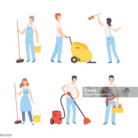 청소 회사 직원 세트 작업복을 입은 남성과 여성 노동자들이 청소 장비로 바닥을 닦고 진공 청소기로 청소한다 만화 벡터 삽화 관리인에 대한 스톡 벡터 아트 및 기타 이미지