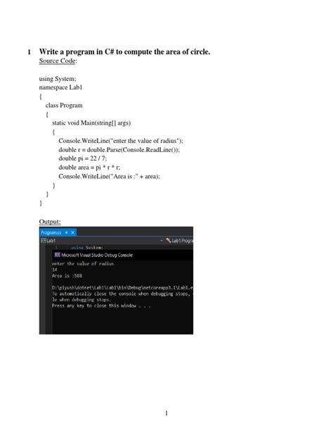 Write A Program In C To Compute The Area Of Circle Source Code Pdf