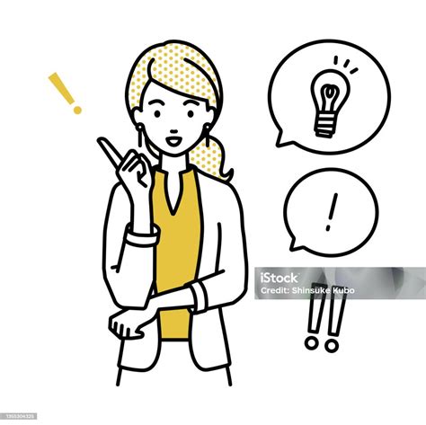 작업 재킷 스타일의 여성은 포인팅 손 제스처 전구와 느낌표 기호 세트와 함께 서 좋은 아이디어를 받고 가리키기에 대한 스톡 벡터 아트 및 기타 이미지 Istock