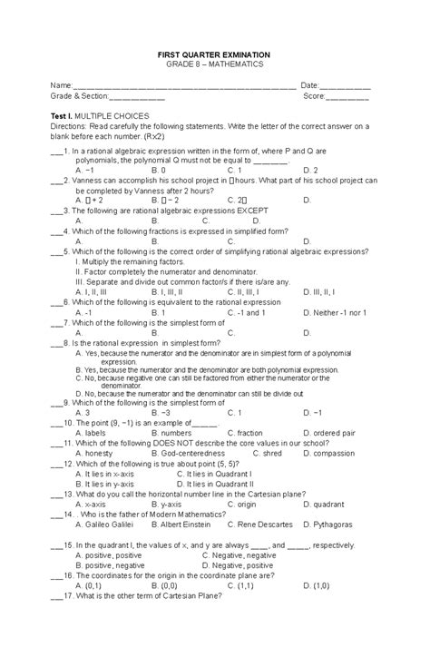 1st Quater Math 8 Exam Summative Test First Quarter Exmination