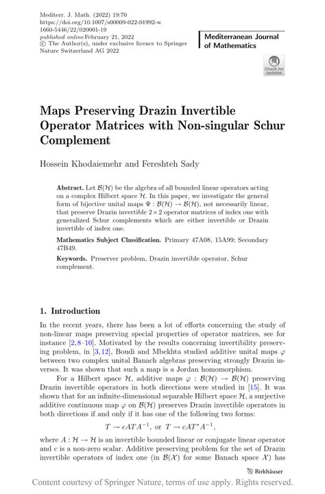 Maps Preserving Drazin Invertible Operator Matrices With Non Singular Schur Complement Request Pdf