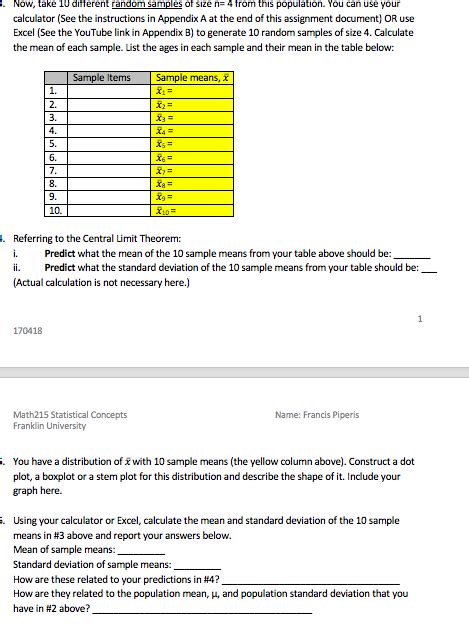 solved now take 10 different random samples of size n 4