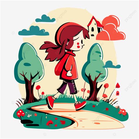 散步 向量 貼紙剪貼畫卡通女孩沿著風景中的小路行走 貼紙 剪貼畫向量圖案素材免費下載，png，eps和ai素材下載 Pngtree