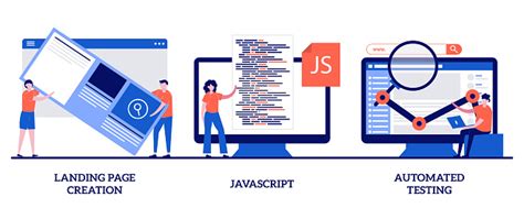 랜딩 페이지 생성 자바 스크립트 작은 사람들과 자동 테스트 웹 프로그래밍 추상 벡터 일러스트레이션 세트입니다 디자인 템플릿 웹 사이트 프로젝트 모바일 응용 프로그램 Ui