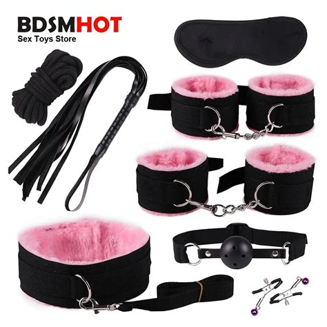 8 Pcsset Bdsm Bondage Kit Handcuffs Nipple Clamps Mouth Ball Gag Whip