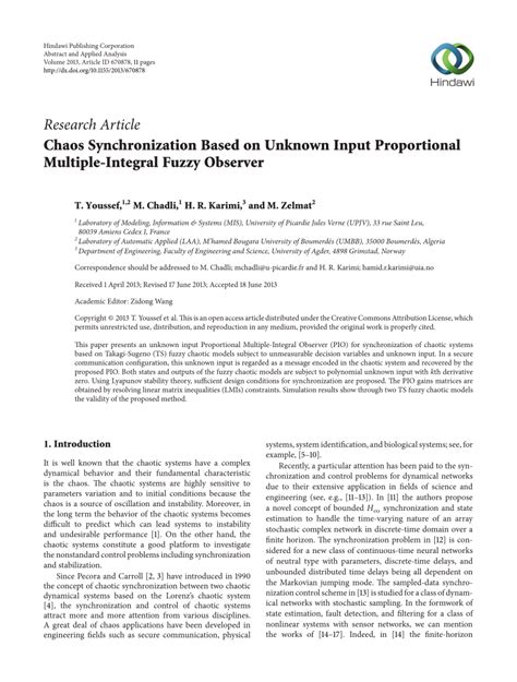 Pdf Chaos Synchronization Based On Unknown Input Proportional Multiple Integral Fuzzy Observer
