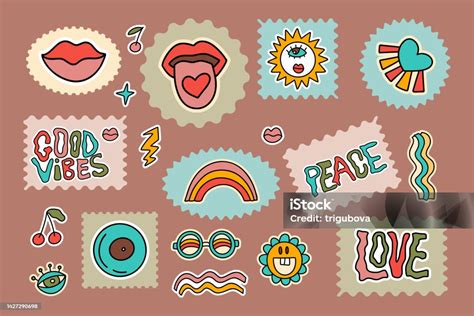 그루비 스티커 세트 좋은 분위기 복고풍 꽃 히피 70 년대 디스코 만화 일러스트 레이 션 0명에 대한 스톡 벡터 아트 및 기타 이미지 0명 1960 1969 년