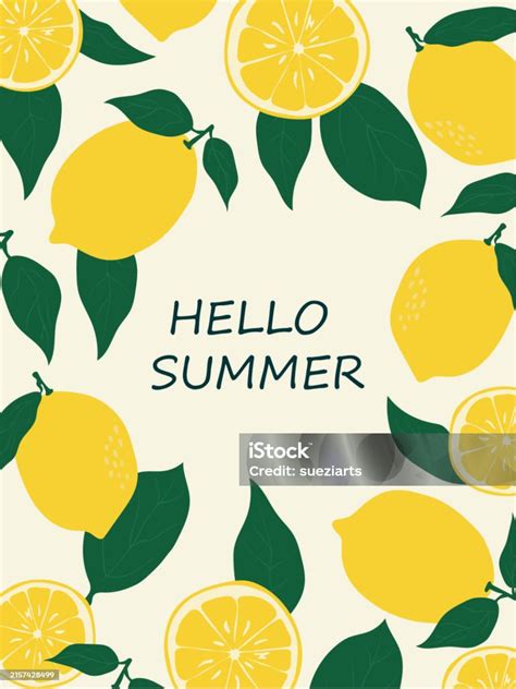 안녕하세요 레몬과 나뭇잎 구성으로 여름 미적 포스터입니다 복고풍 그루비 감귤류 디자인은 다양한 용도의 인쇄물을 제공합니다 레몬에 대한 스톡 벡터 아트 및 기타 이미지