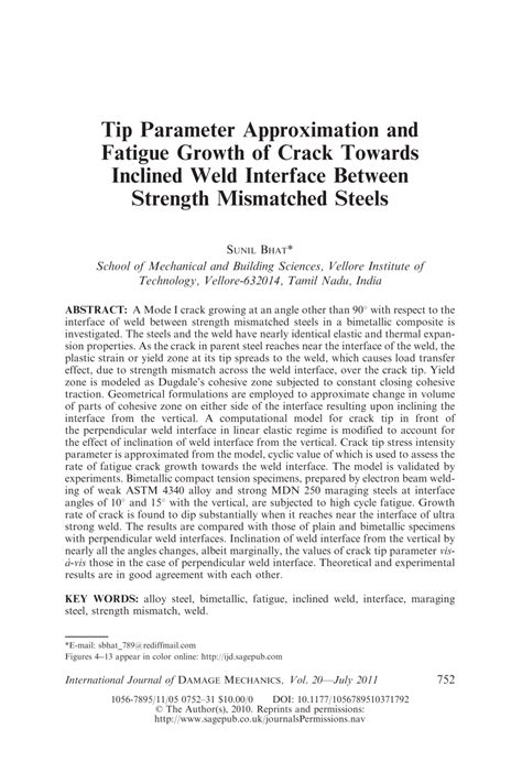 Pdf Tip Parameter Approximation And Fatigue Growth Of Crack Towards Inclined Weld Interface