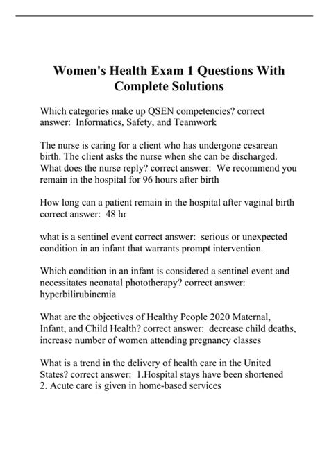 Womens Health Exam 1 Questions With Complete Solutions Women S