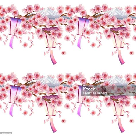 일본 등불이 달린 봄 나무의 분홍색 꽃이 만발한 나뭇 가지 접는 종이 부채 후지산 체리 사과 아몬드 꽃의 완벽 한 패턴이 흰색 배경에 있습니다 하나미를 위한 수채화 템플릿