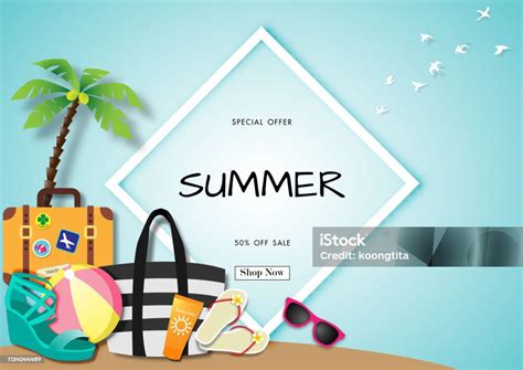 여름 액세서리 벡터 일러스트 레이 션 템플릿 배너 바탕 화면 초대장 포스터 브로셔 바우처 할인의 종이 아트와 서머 세일 배경입니다 가방에 대한 스톡 벡터 아트 및 기타