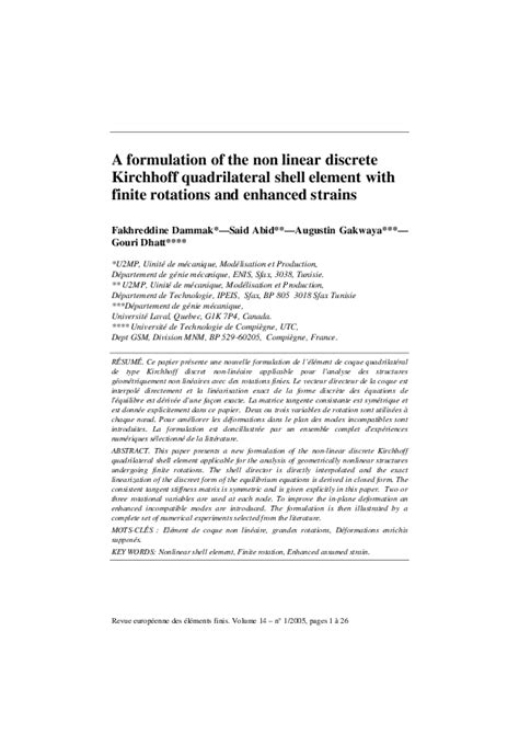 Pdf A Formulation Of The Non Linear Discrete Kirchhoff Quadrilateral Shell Element With Finite