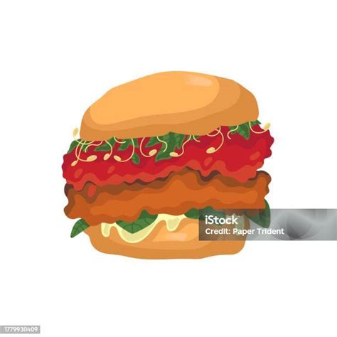 고기와 함께 맛있는 햄버거 유혹적인 미국식 멕시코 햄버거 마이크로 그린을 곁들인 매운 샌드위치 패스트 푸드 건강에 해로운 영양 흰색 배경에 평평한 고립 된 벡터 그림 건강에