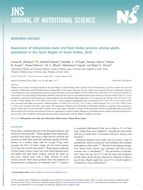 Pdf Awareness Of Dehydration State And Fluid Intake Practice Among Adults Population In The