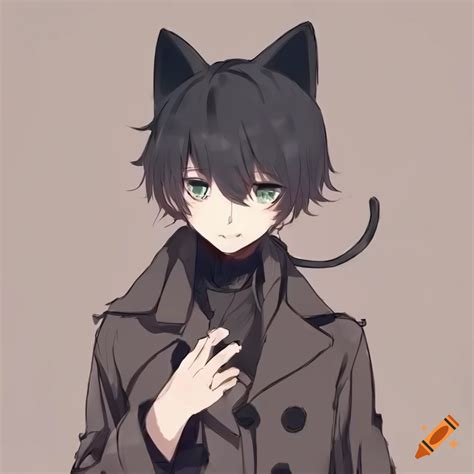 A Small Cat Boy Wearing Black Trench Coat Anime Art Black Hair Black