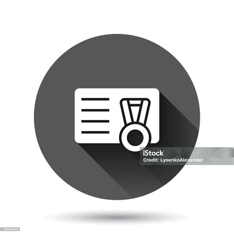 플랫 스타일로 메달 아이콘이있는 Vip 카드 긴 그림자 효과와 검은 둥근 배경에 문서 상 트로피 벡터 그림 우승자 배지 서클 버튼 비즈니스 컨셉 1위에 대한 스톡 벡터 아트