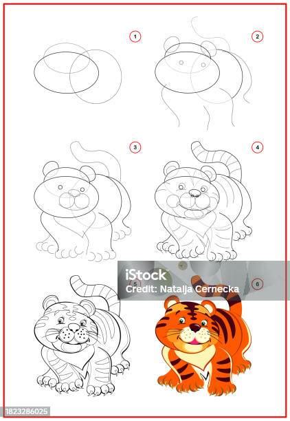 귀여운 작은 장난감 호랑이를 단계별로 그리는 방법을 배우는 방법을 보여줍니다 아이들의 그림 그리기와 색칠 기술 개발 어린이 학교 연습장을 위한 인쇄 가능한 워크시트 평면