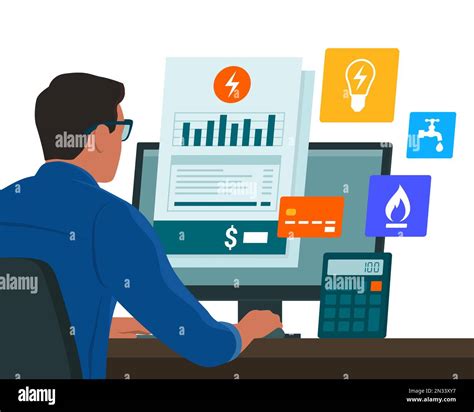 Man Sitting At Desk And Paying His Utility Bills Online On His Computer Utility Bills
