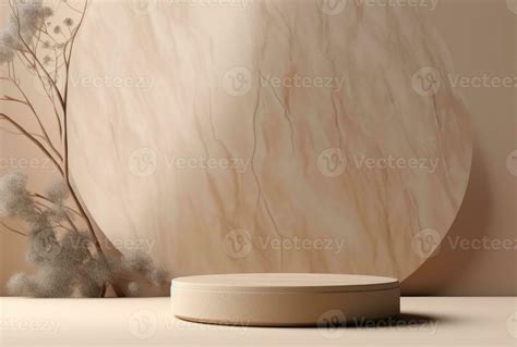 D Background Nude Beige Pedestal Podium Natural Dry Plant And Shadow On Pastel Nude AI