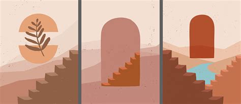 벡터 그림입니다 빈티지 현대 미술 손으로 그린 계단 창 풍경 장면에 식물 잎 중반 세기 건축 보헤미안 포스터 엽서 책 표지 잡지 디자인 요소 0명에 대한 스톡 벡터 아트 및