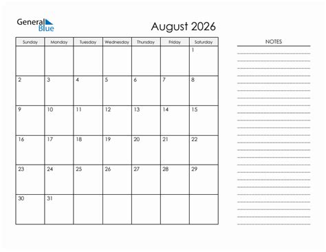 August 2026 Monthly Calendar