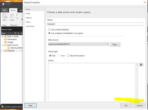 Report Builder Dataset Properties Use A Data Embedded Option Text Query Box Microsoft Qanda