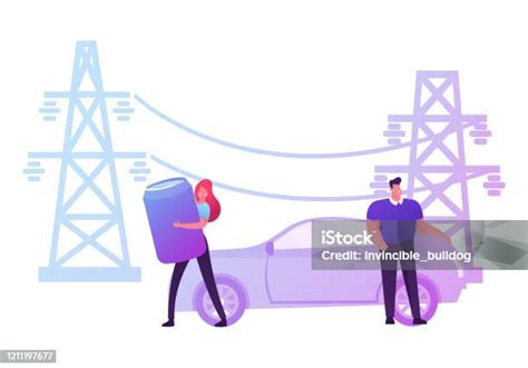 알루미늄 개념의 산업 및 국내 사용 작은 여성 캐릭터는 음료와 함께 거대한 금속 항아리를 운반 고전압 전원 라인 타워의 세단 자동차 앞 남자 스탠드 만화 벡터 일러스트레이션
