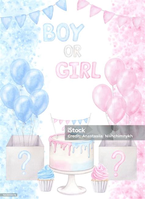 핑크 블루 카드 성별 공개 파티 초대장 소년 또는 소녀 그 또는 그녀 풍선 컵케이크 색종이 손으로 그린 수채화 그림은 흰색 배경을 분리했다 베이비 샤워 어린이 휴일에 0명에