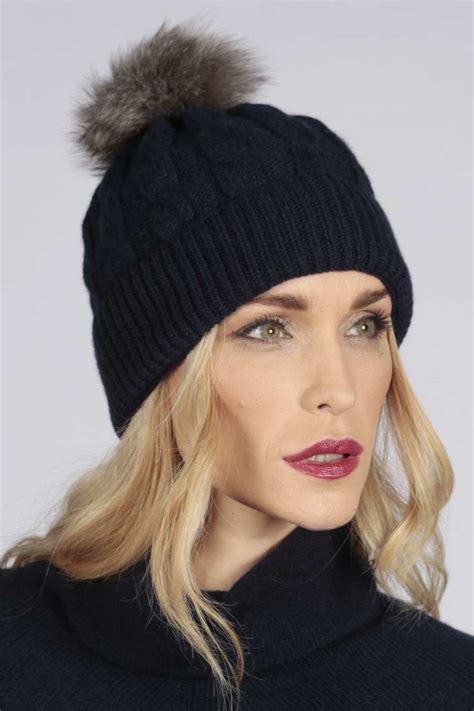 Navy Blue Pure Cashmere Fur Pom Pom Cable Knit Beanie Hat