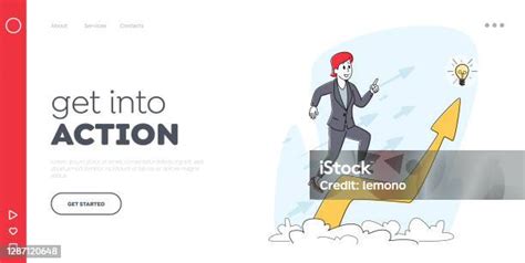 자기 개발 교육 방문 페이지 템플릿 전구와 거대한 화살표 차트에서 실행 사업가 캐릭터 개발에 대한 스톡 벡터 아트 및 기타 이미지 개발 리더십 개념 Istock