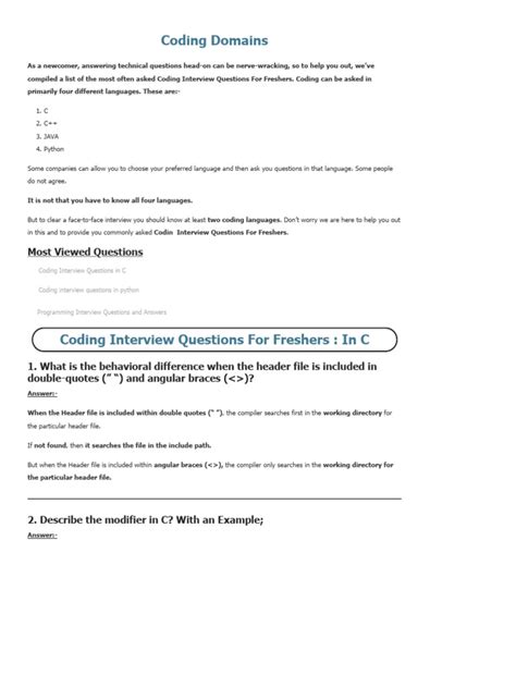 Coding Interview Questions For Freshers Prepinsta Pdf Integer Computer Science C