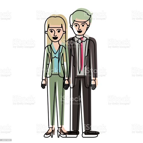 슈트와 넥타이 및 바지와 신발 짧은 머리와 함께 블라우스와 재킷 및 바지와 뒤꿈치 신발 곧장는 긴 머리와 그 수채화 실루엣와