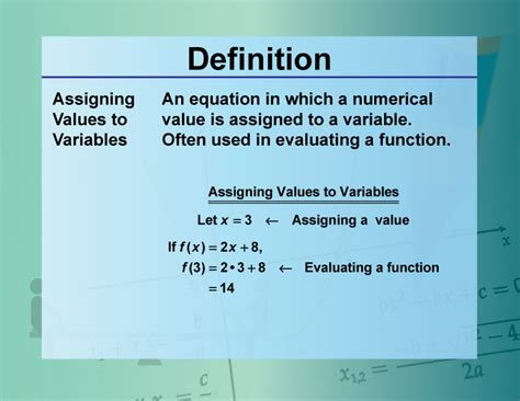 Definition Equation Concepts Assigning Values To Variables Media Math