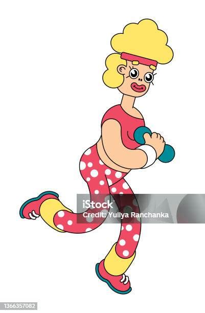 스포츠를 하는 80년대 스타일의 주부의 아이러니한 이미지 아령으로 달리는 여자의 고립 된 이미지 만화 여자 실행 측면 보기 벡터 그림입니다 1980 1989 년에 대한 스톡