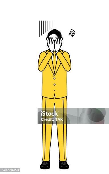우울증에 얼굴을 가리고 있는 양복을 입은 사업가의 간단한 선 그리기 그림 Shinnyushain에 대한 스톡 벡터 아트 및 기타