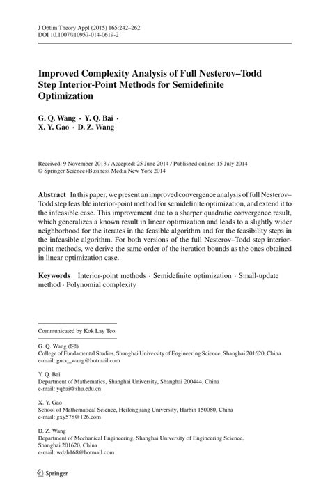 Pdf Improved Complexity Analysis Of Full Nesterov Todd Step Interior Point Methods For