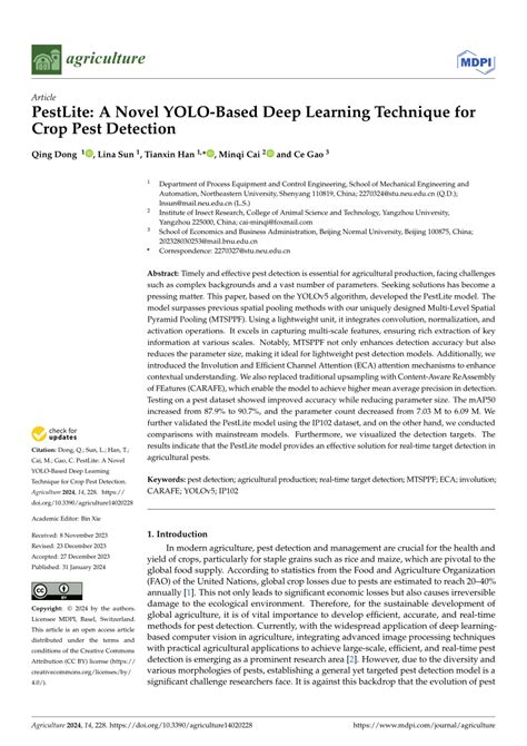Pdf Pestlite A Novel Yolo Based Deep Learning Technique For Crop Pest Detection