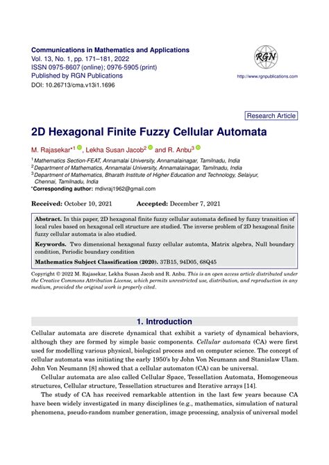 Pdf 2d Hexagonal Finite Fuzzy Cellular Automata