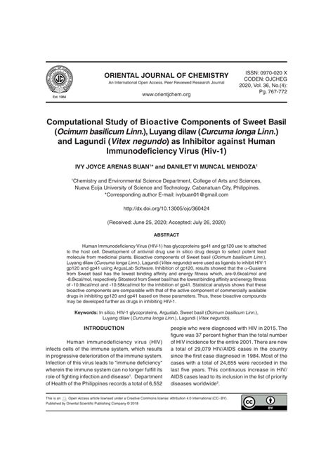 Pdf Computational Study Of Bioactive Components Of Sweet Basil Ocimum Basilicum Linn