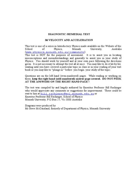 Diagnostic Remedial Test 06 Velocity And Acceleration Physics Monash Edu Au Community