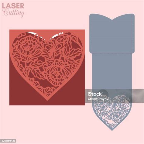 모란 꽃과 잎 패턴 하트와 레이저 컷 포켓 봉투 절단용 템플릿입니다 레이스 하트와 결혼식 초대또는 발렌타인 인사말 카드 모형 0