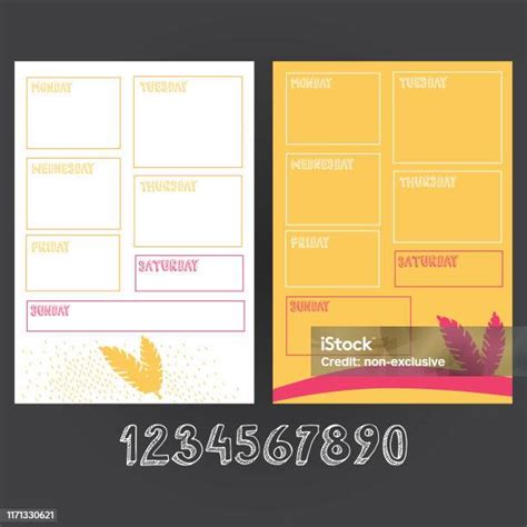 주간 플래너 빈 템플릿 일요일 월요일 화요일 수요일 목요일 금요일 일기 총알 일지 노트북에 대한 토요일 단어 분홍색 노란색 정글 잎두 템플릿 0에 대한 스톡 벡터 아트 및